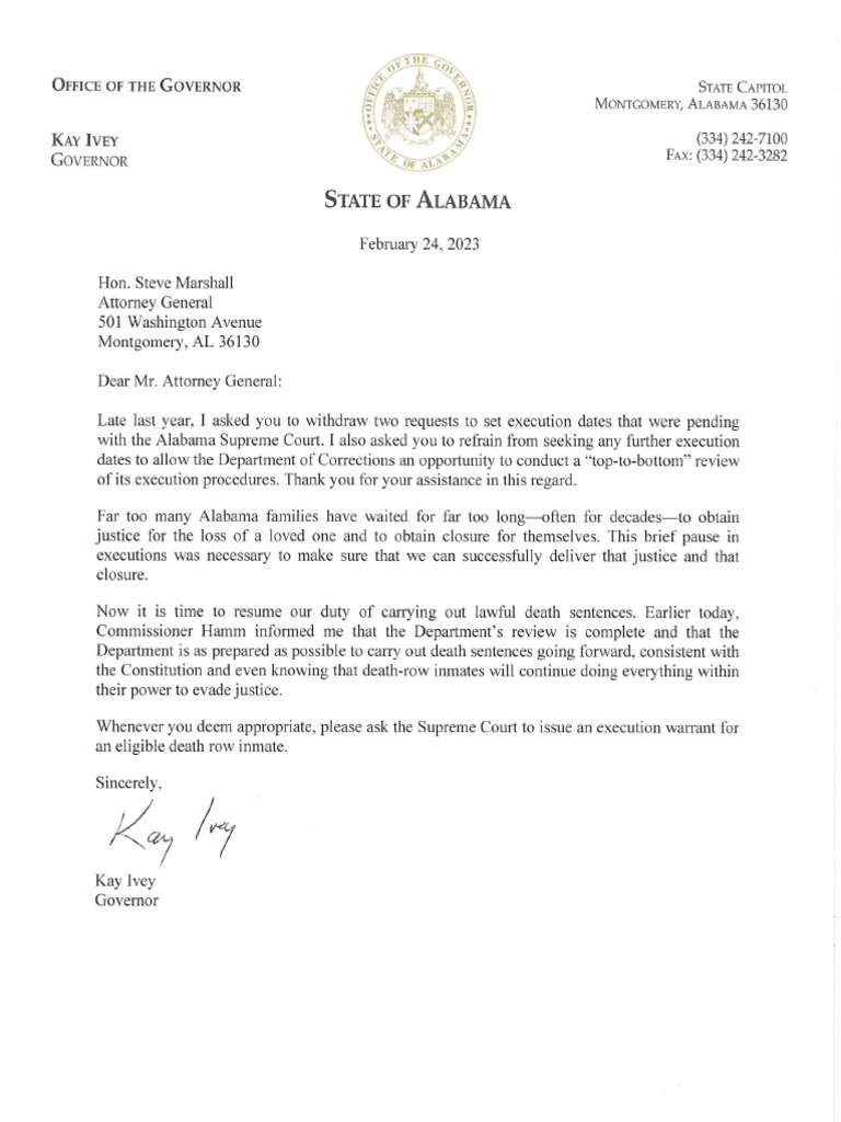 Governor Kay Ivey Letter To AG Steve Marshall | PDF
