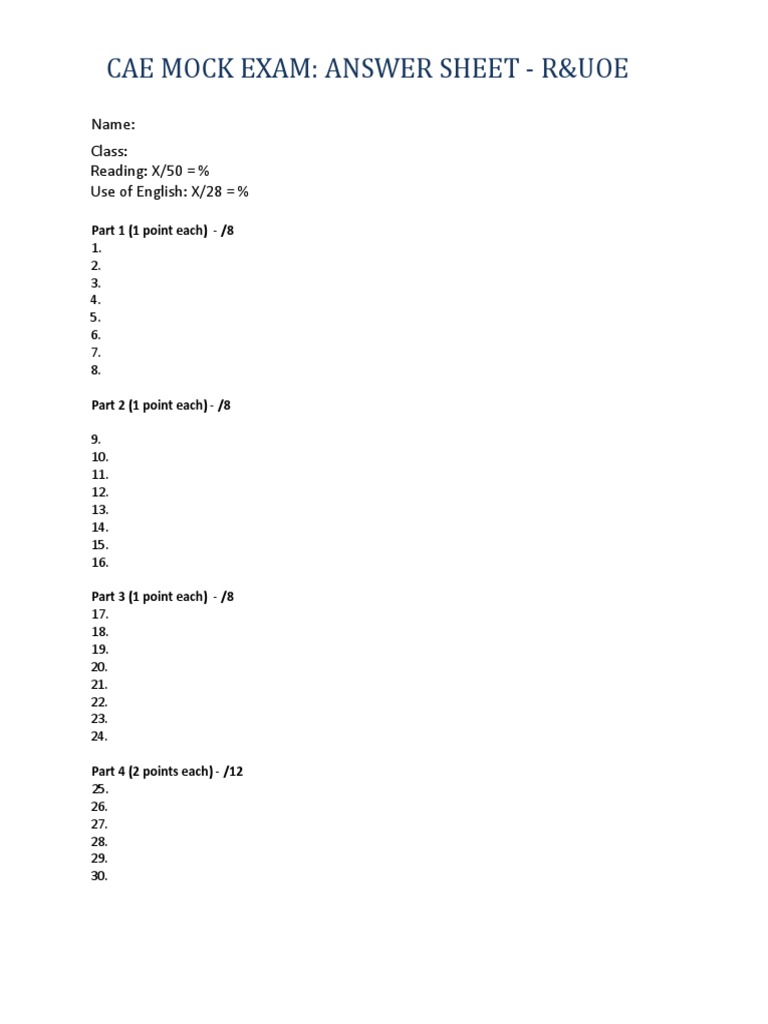 CAE Mock Exam Answer Sheet Template | PDF