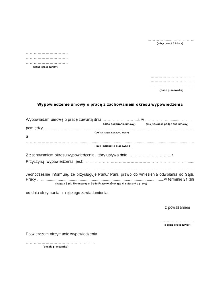 Wypowiedzenie Umowy o Pracę - Wzór | PDF Wypowiedzenie Umowy o Pracę - Wzór | PDF