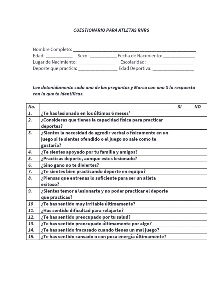 Cuestionario para Atletas RNRS | PDF