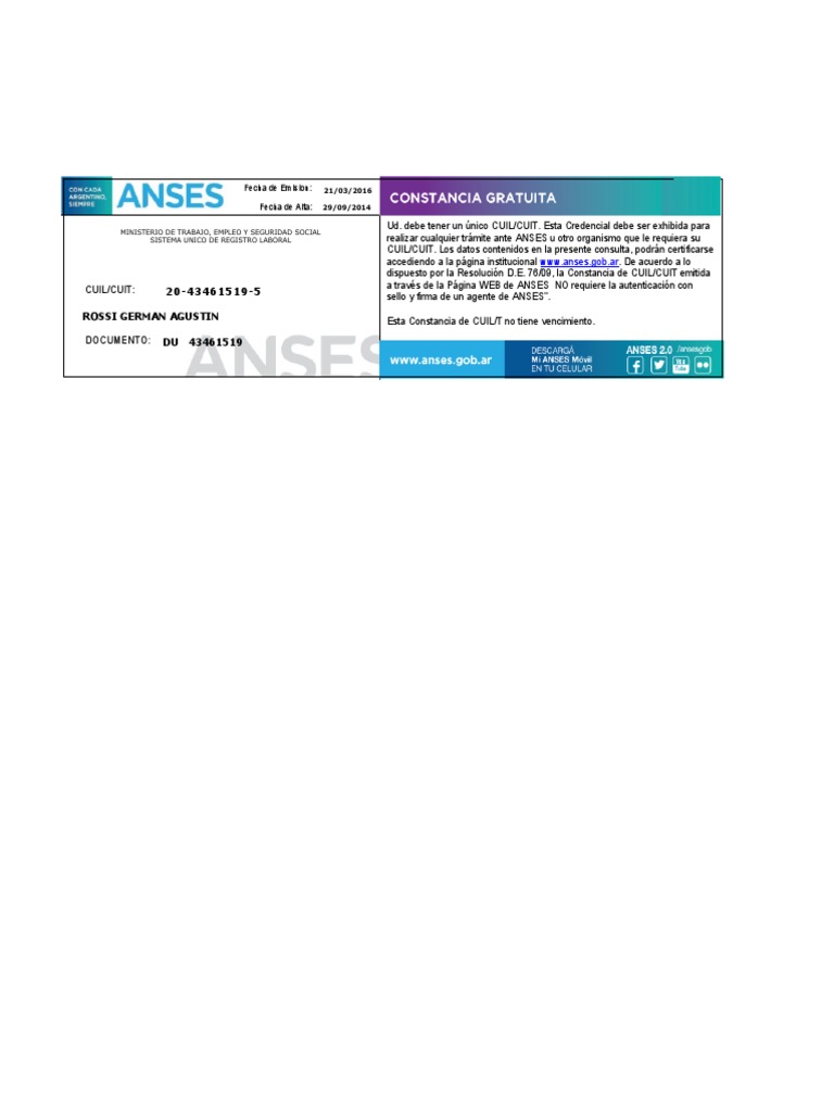 Constancia de CUIL/CUIT ANSES | PDF | Negocios | Finanzas y dinero