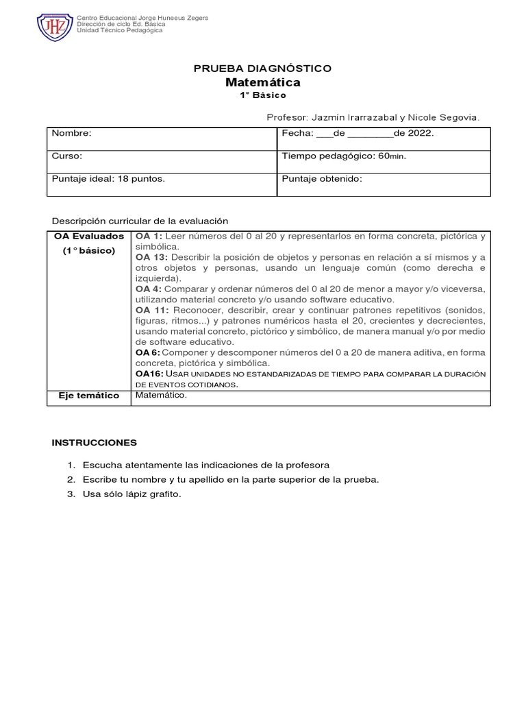 Prueba Diagnóstica Matemática 1° Básico | PDF