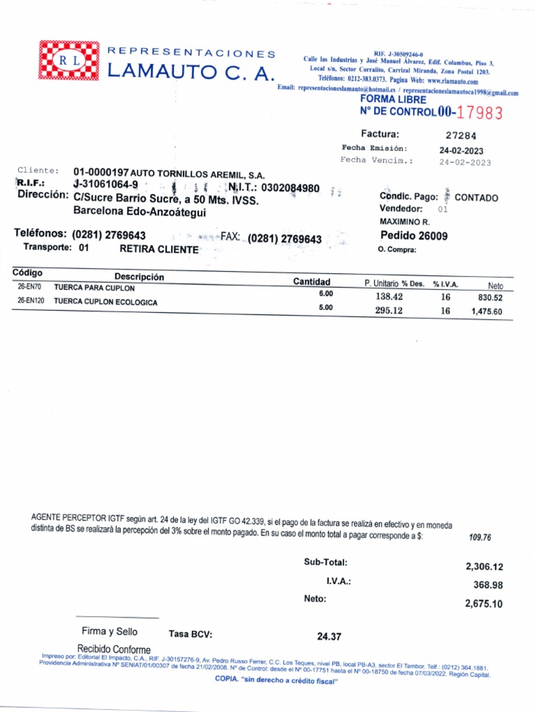 Facturas Aremil, Sa - 0002 | PDF
