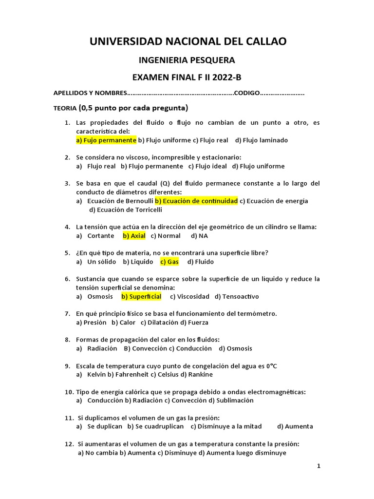 Examen Final Fisica II Pesquera 2022b-2 | PDF | Viscosidad | Calor