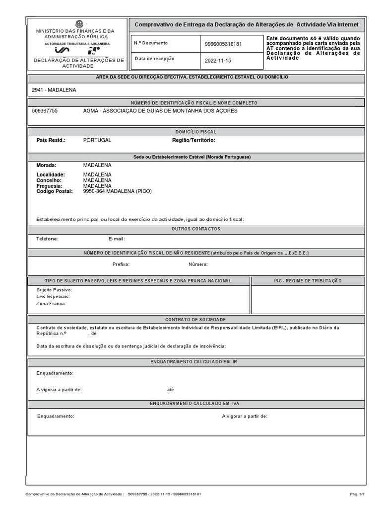 Comprovativo da Declaração de Alteração de Actividade da AGMA ...