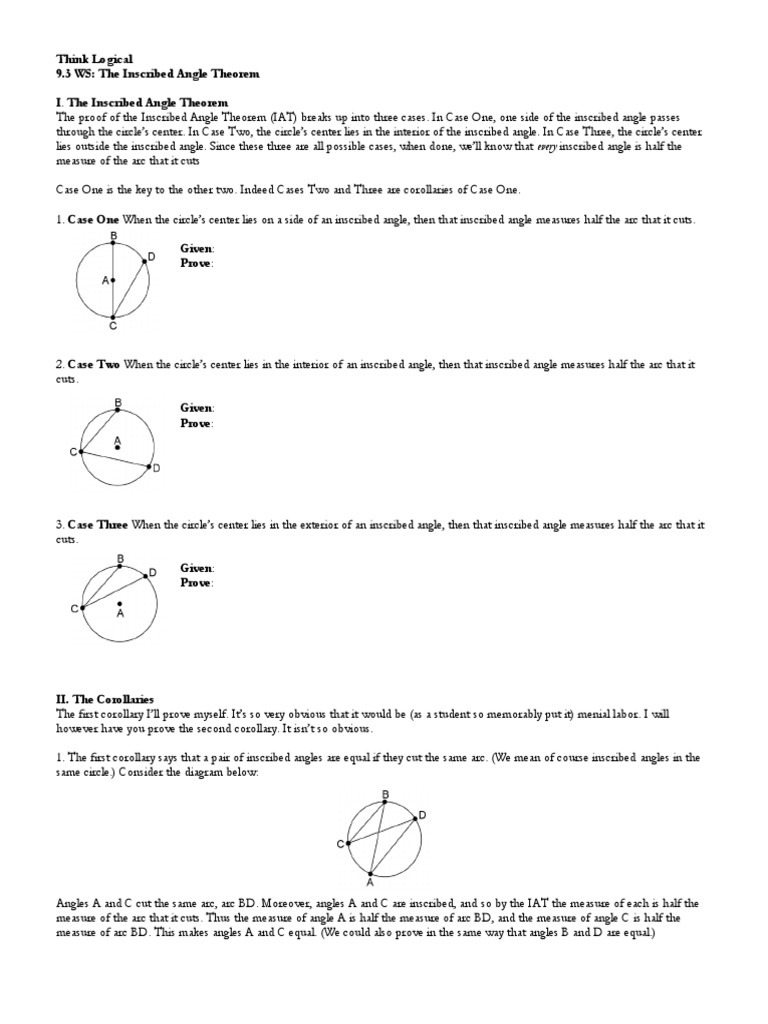 9.3 WS The Inscribed Angle Theorem | PDF | Circle | Angle