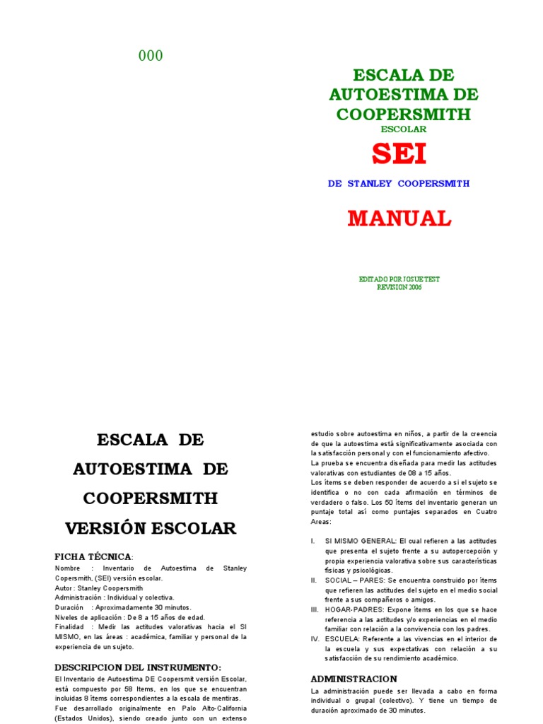 Manual - Test de Autoestima de Coopersmith Niños | PDF | Validez ...