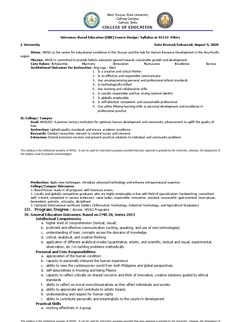Course Syllabus SS 112 Ethics | PDF | Morality | Utilitarianism