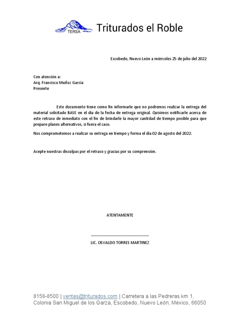 Carta de Retraso de Materiales Arq | PDF