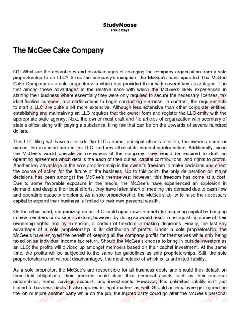 The McGee Cake Company | PDF | Sole Proprietorship | Limited Liability ...