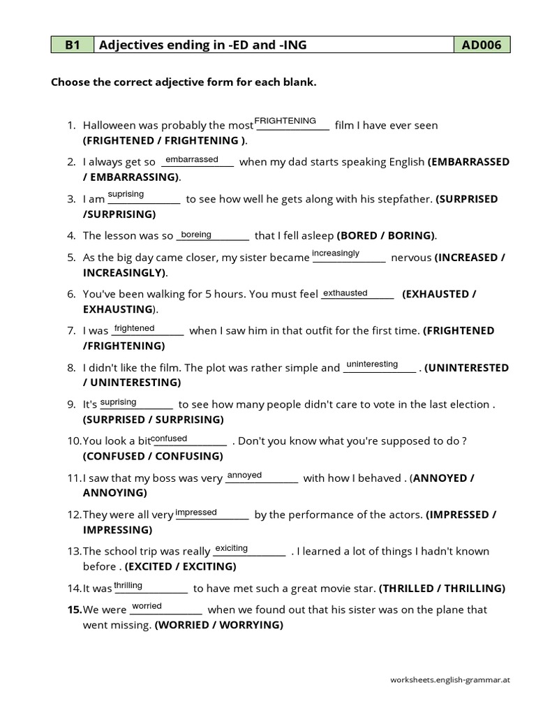 Adjectives -ED vs -ING Worksheet | PDF