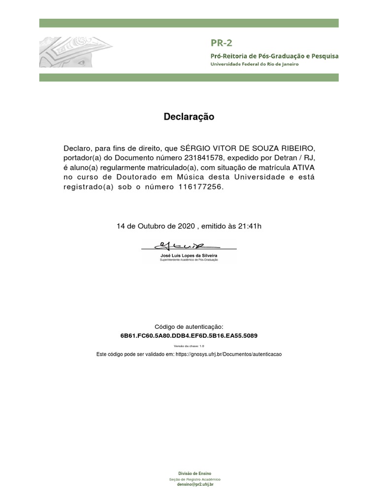 Declaração de Matriculado - UFRJ Sérgio Ribeiro | PDF