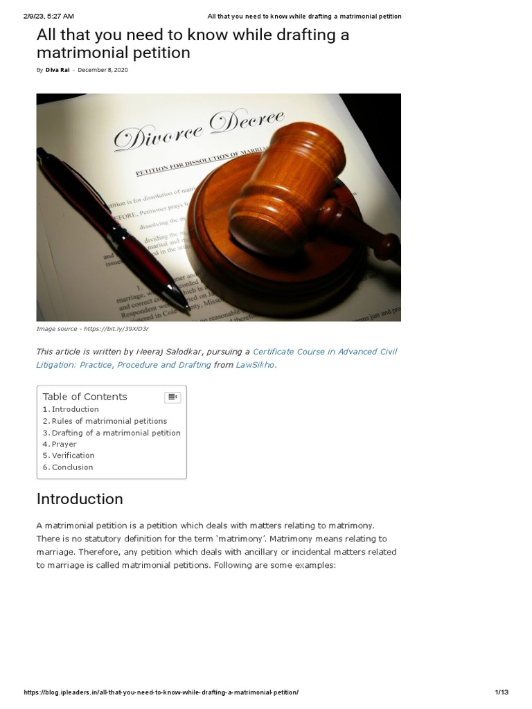 Drafting A Matrimonial Petition | PDF | Divorce | Marriage