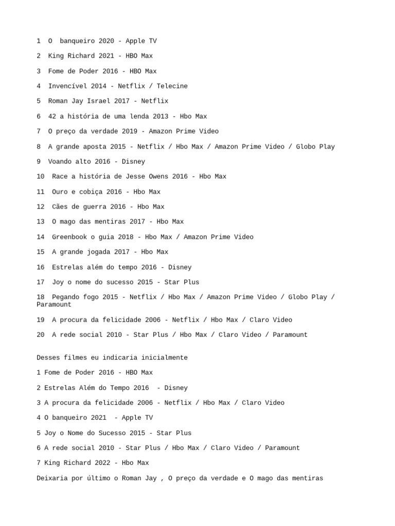 Lista 20 Filmes Finch - ) | PDF