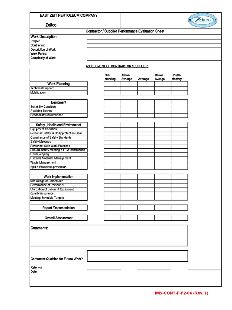 Contractor Performance Evaluation Sheet Form | PDF Contractor Performance Evaluation Sheet Form | PDF