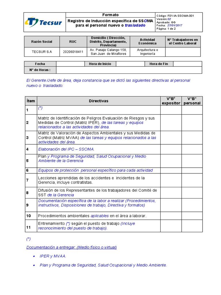 F01-IA-SSOMA-001 Registro de Inducción Específica Del Personal Nuevo o ... F01-IA-SSOMA-001 Registro de Inducción Específica Del Personal Nuevo o ...