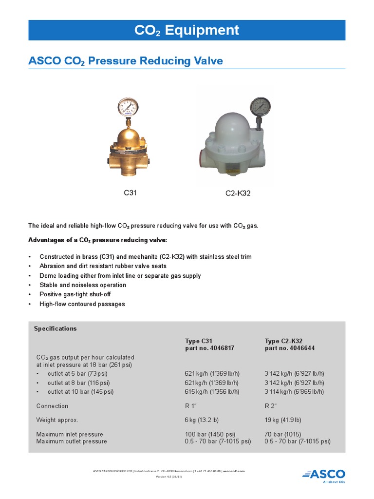 ASCO CO2 Pressure Reducing Valve | PDF | Carbon Dioxide | Valve
