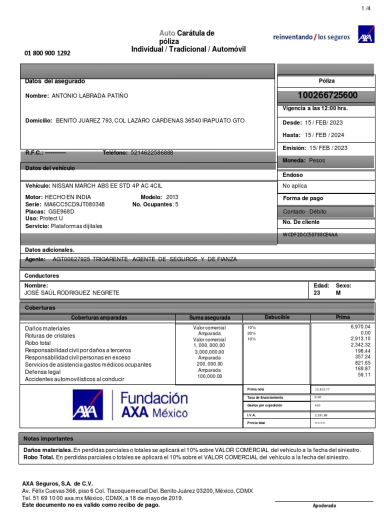 Póliza de Seguro Automotriz AXA 2023 | PDF | Coche | Vehículo de motor