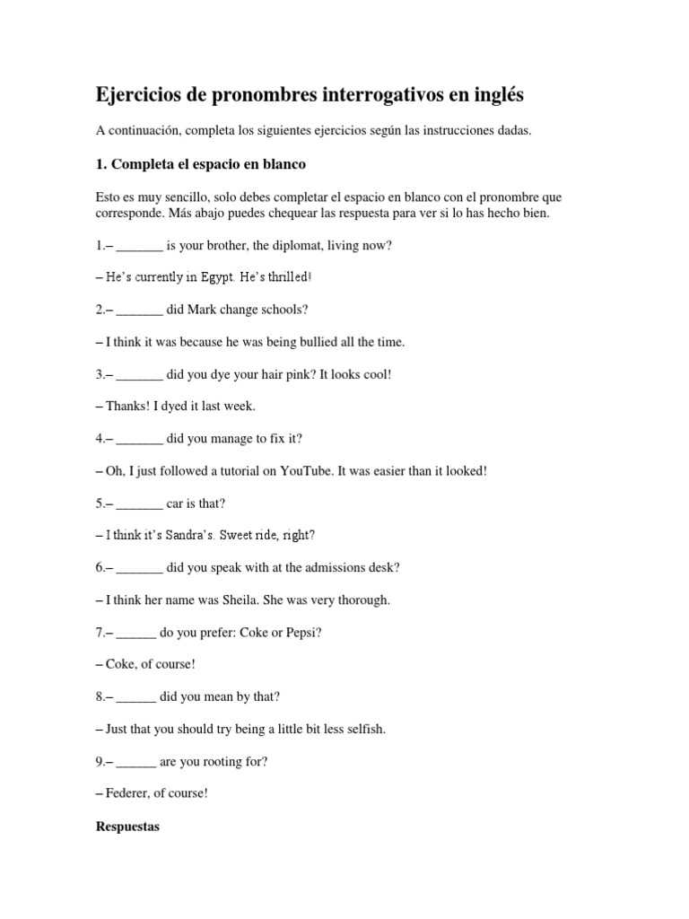 Ejercicios de Pronombres Interrogativos en Ingles | PDF