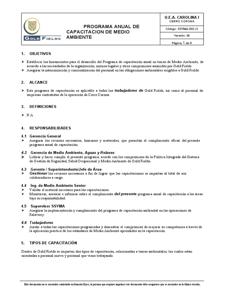 SSYMA D03.12 Programa Anual de Capacitacion de Medio Ambiente V8 | PDF | Creación de capacidad ...