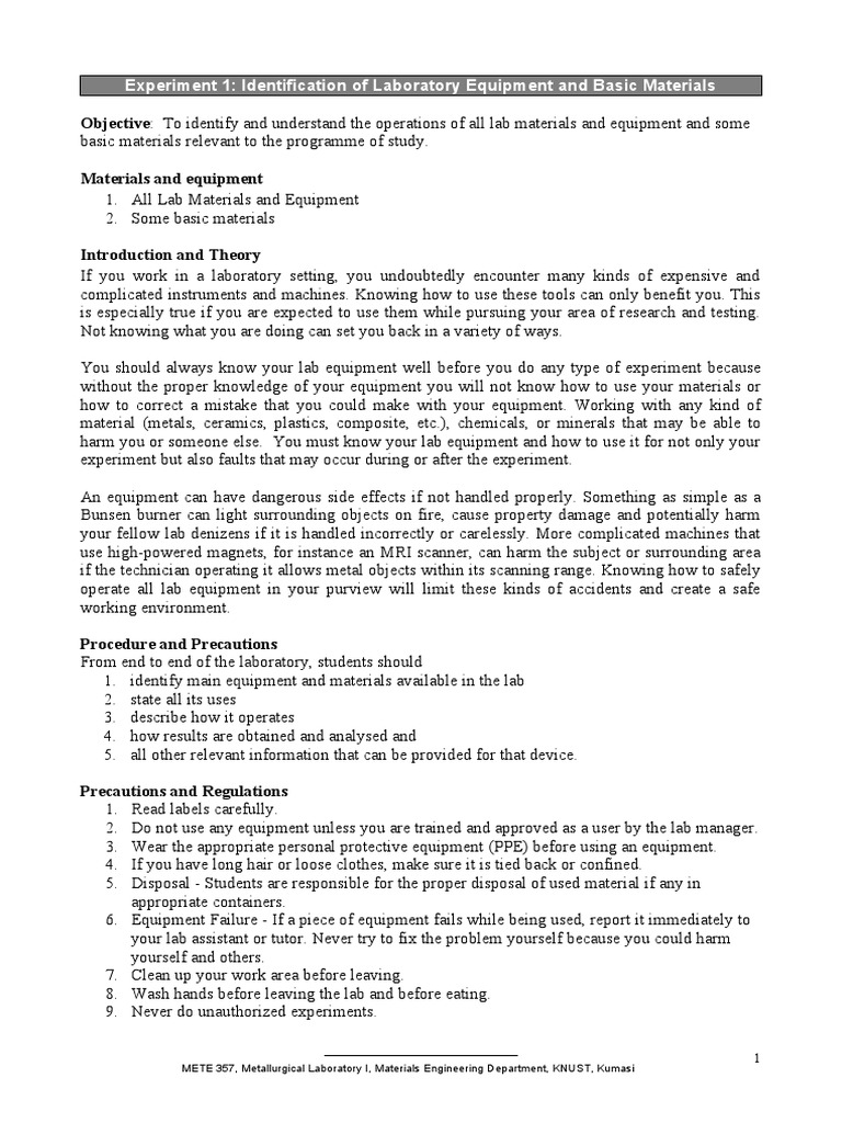 Experiment 1 - Identification of Laboratory Equipment and Basic ...