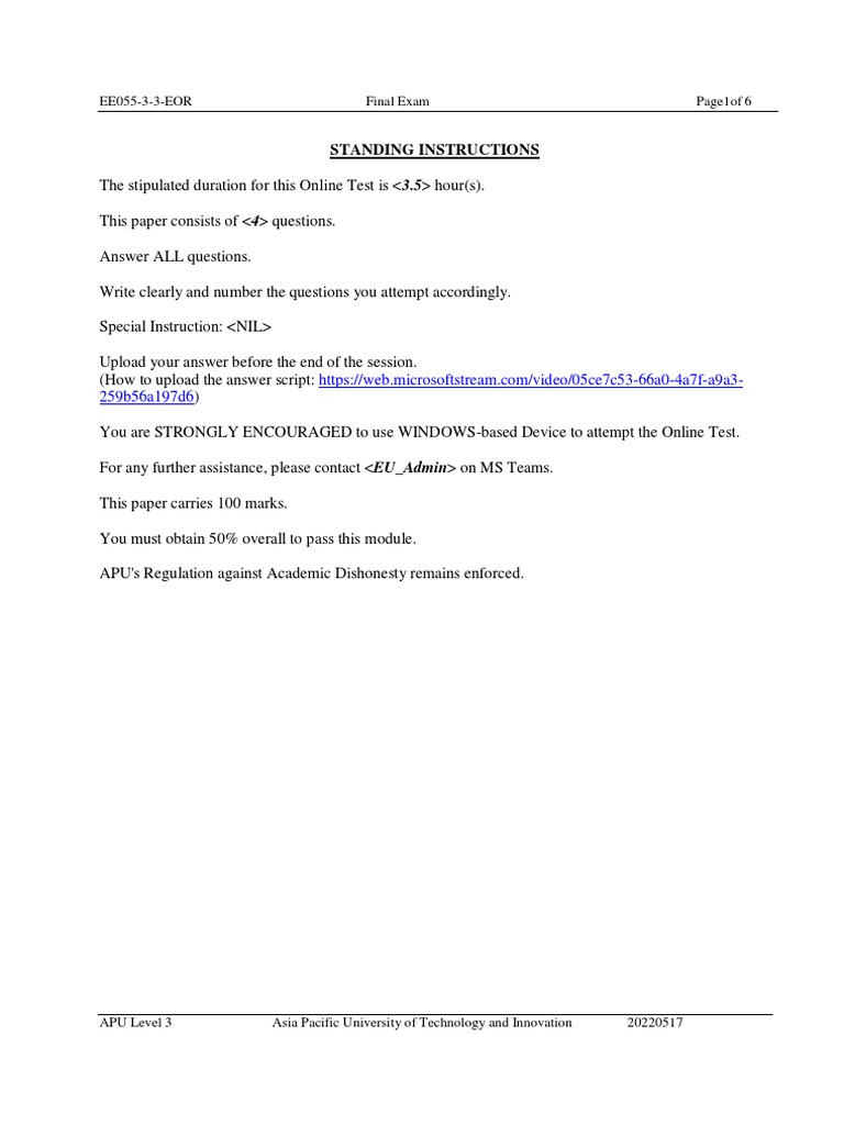 Standing Instructions: EE055-3-3-EOR Final Exam Page1of 6 | PDF ...