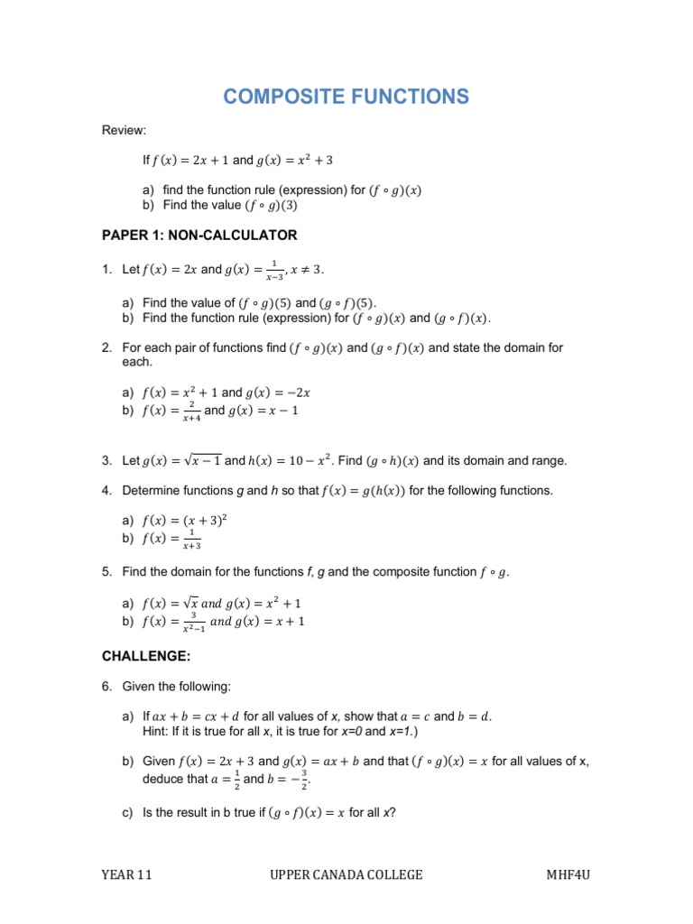 Composite Functions Worksheet | PDF