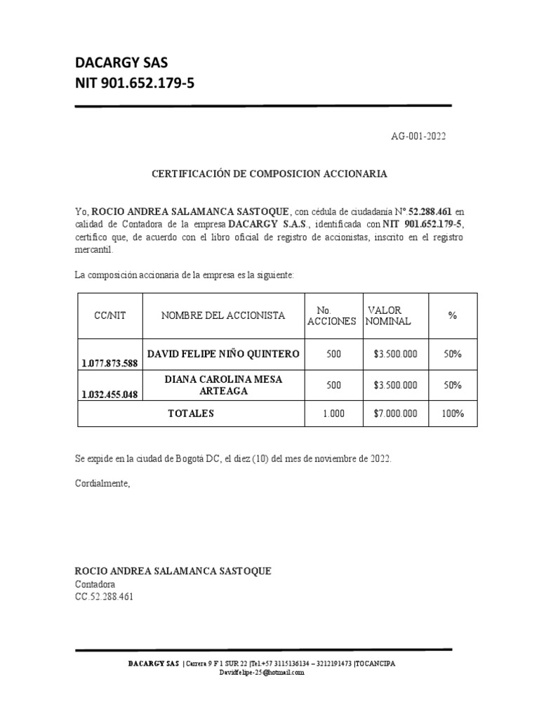 Certificado de Composicion Accionaria Dacargy Sas | PDF
