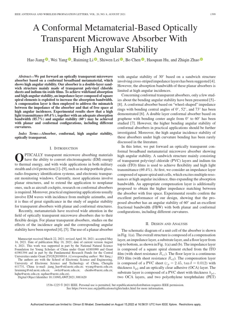 A Conformal Metamaterial-Based Optically Transparent Microwave Absorber With High Angular ...