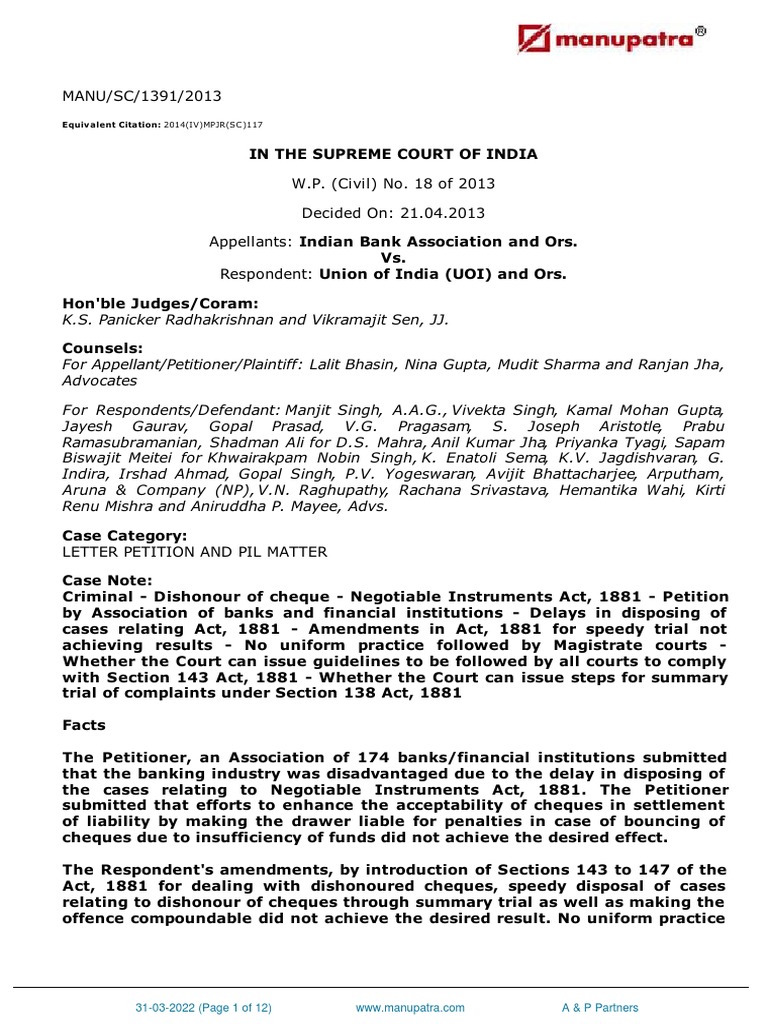 Indian Bank Association and Ors Vs Union of India SC2013230315230409112COM903406 | PDF | Cheque ...