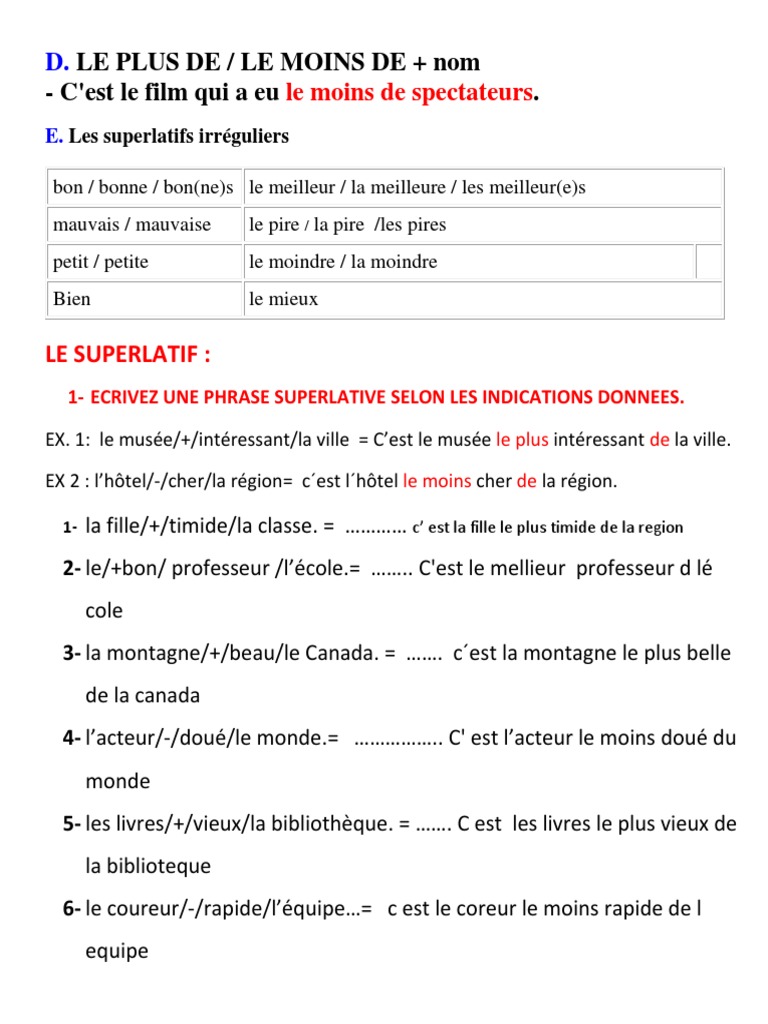 Exercices sur le superlatif en français | PDF
