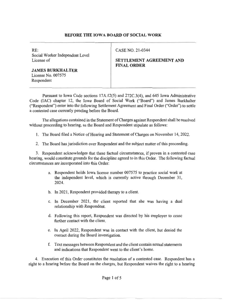 Settlement Between James Burkhalter and Iowa Board of Social Work | PDF