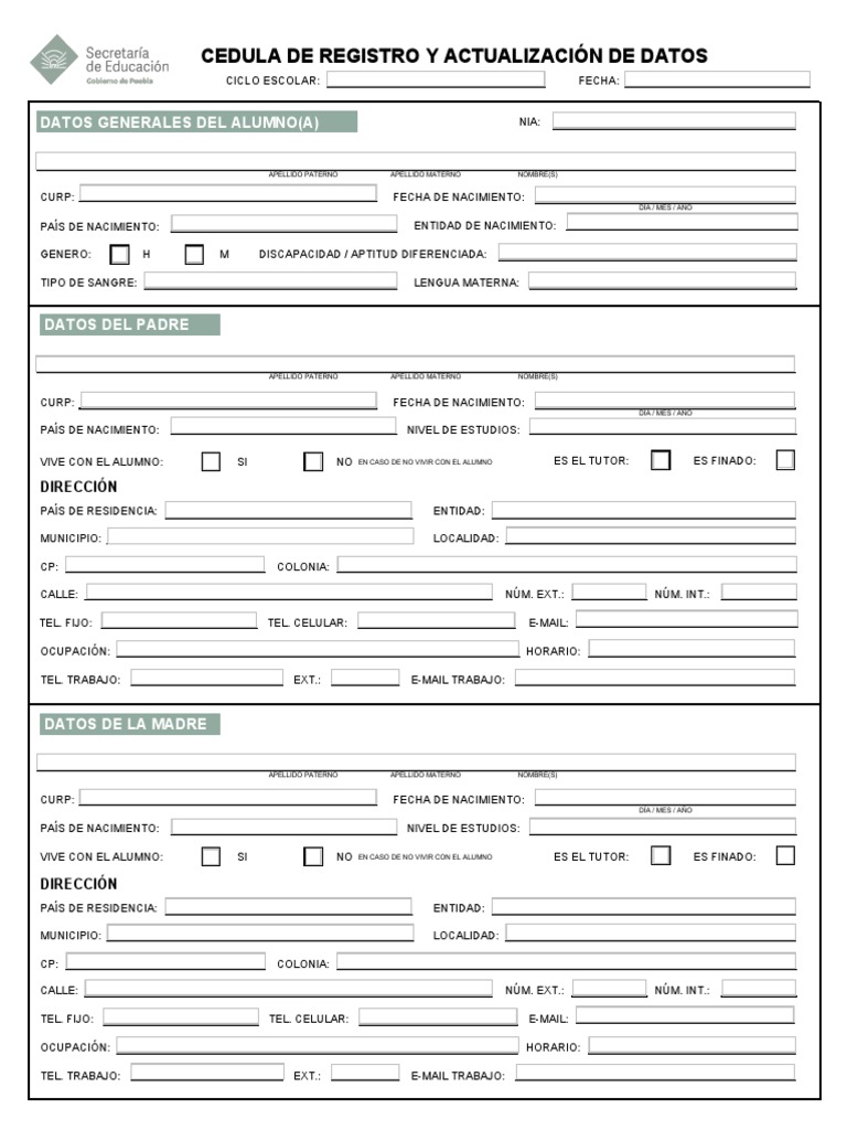 Cedula de Registro Y Actualización de Datos: Datos Generales Del Alumno ...