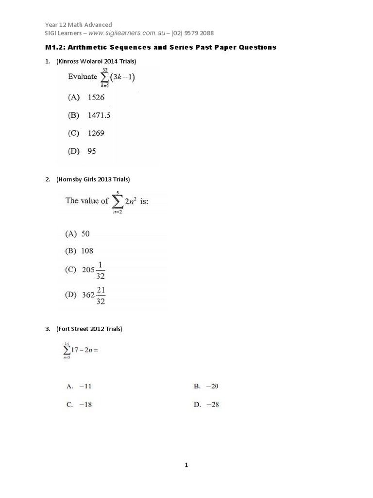 M1.2 - Arithmetic Sequences and Series Quiz | PDF | Mathematics | Science