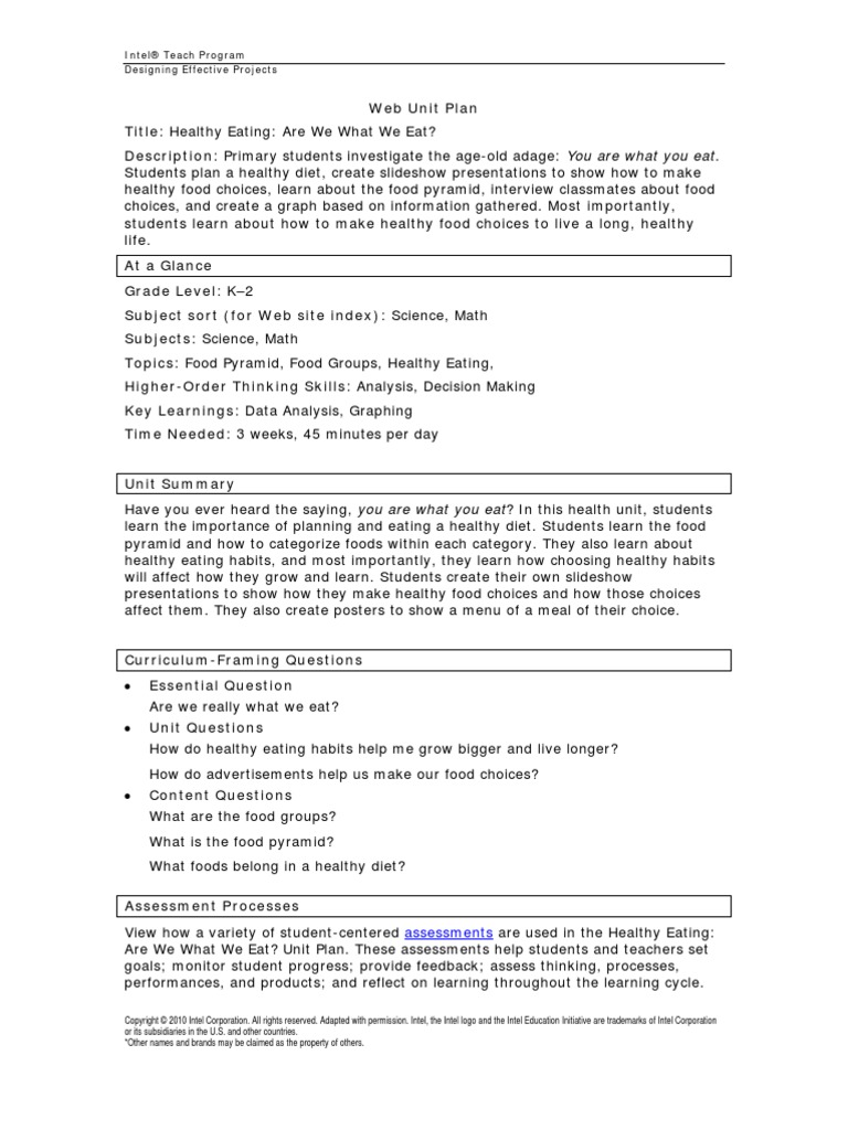 Healthy Eating Unit Plan | PDF | Educational Assessment | Menu
