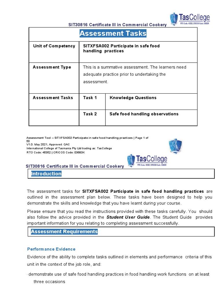 Safe Food Handling Assessment Guide | PDF | Food Safety | Hazard ...