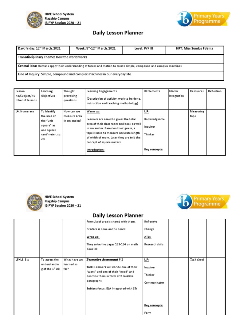 PYP III Daily Lesson Planner Friday 2 | Download Free PDF | Learning | Education Theory