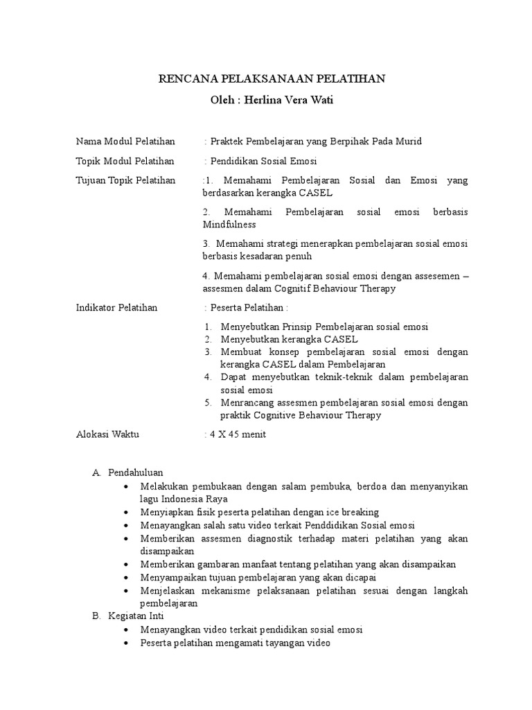 Rencana Pelaksanaan Pelatihan Oleh: Herlina Vera Wati | PDF