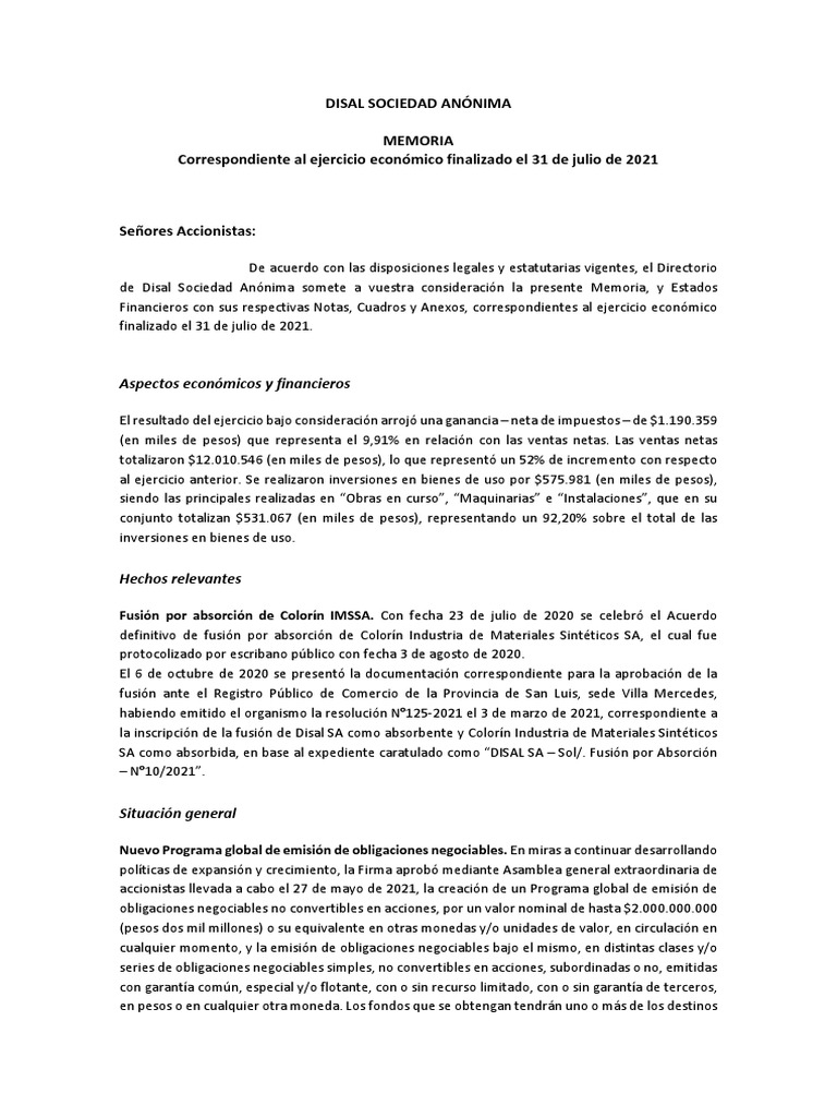 Memoria Anual EEFF 31.07.2021 - Disal SA.2 | PDF | Inflación | Economias