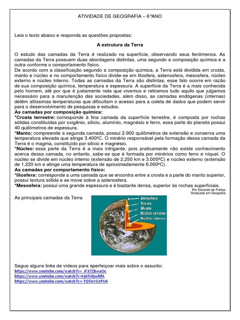 Atividade - A Estrutura Da Terra | PDF | Terra | Crosta (Geologia)