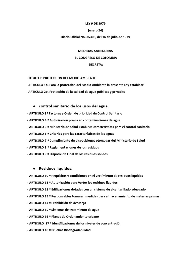 LEY 9 de 1979 Estructura | PDF | Seguridad y salud ocupacional | Alimentos