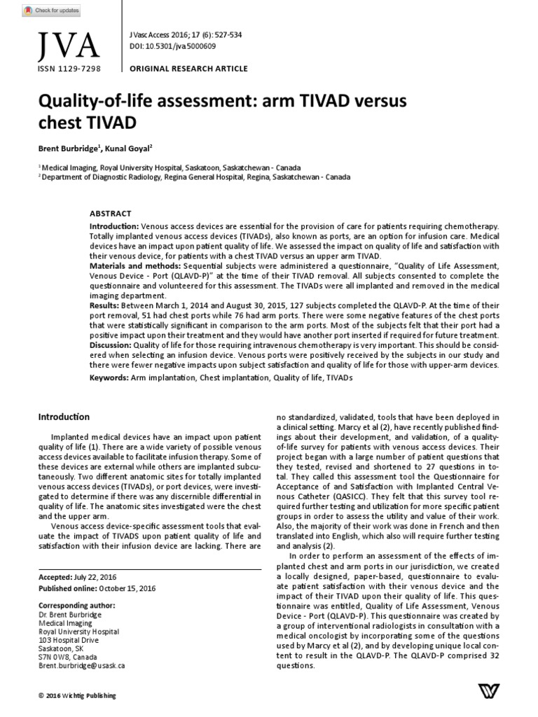 Quality of Life Assessment PICC-port Vs Port Burbridge 2016 | PDF ...