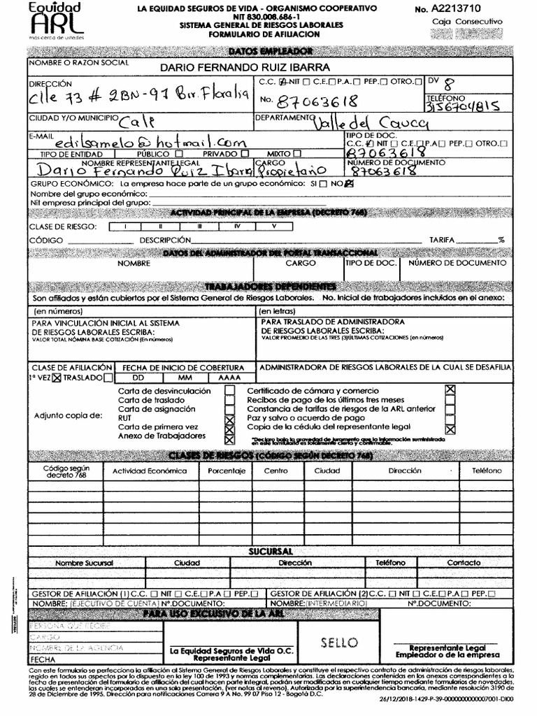Formulario Arl Equidad | PDF