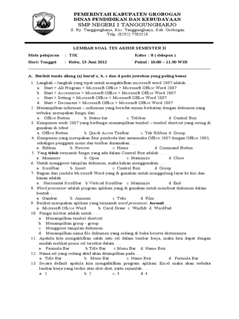Soal UAS TIK SEMESTER 2 2012 | PDF