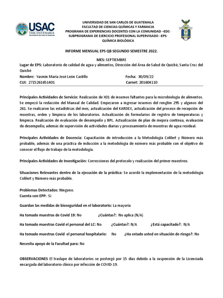 Informe Mensual Septiembre | PDF | Laboratorios