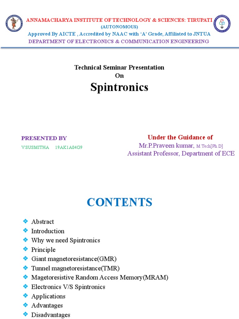 Spintronics: Technical Seminar Presentation On | PDF | Science & Mathematics
