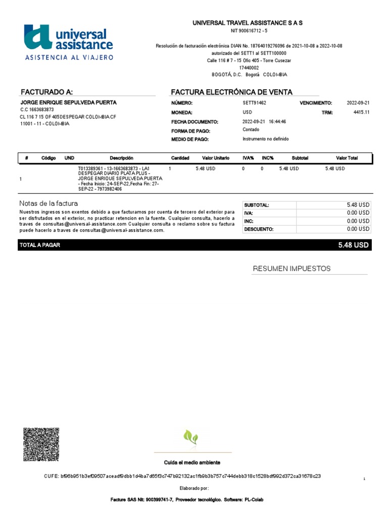Factura de Venta - Sett91462 - 900616712 | PDF | Factura | Contabilidad