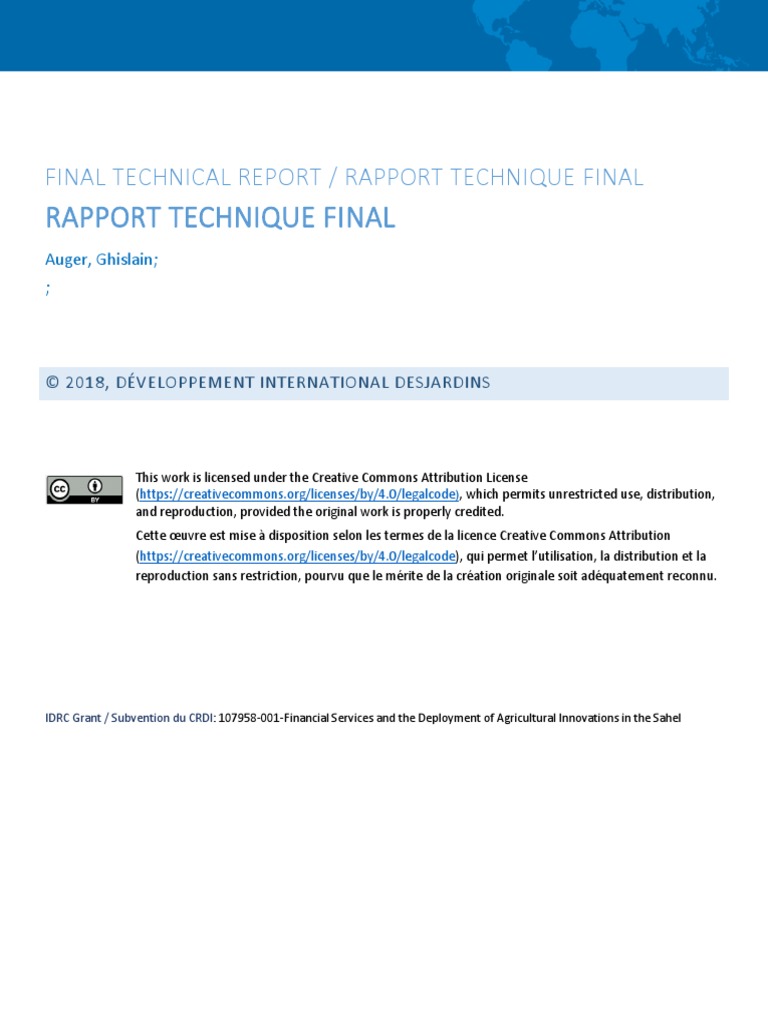 Final Technical Report / Rapport Technique Final | PDF | Agriculture | Crédit