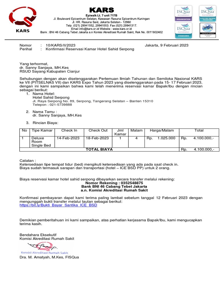 17 Surat Konfirmasi Reservasi Hotel Sahid An Dr. SANNY SANJAYA, MH ...
