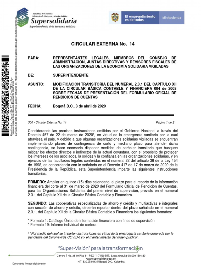 Modificación Circular Externa 14 de 2020 | PDF